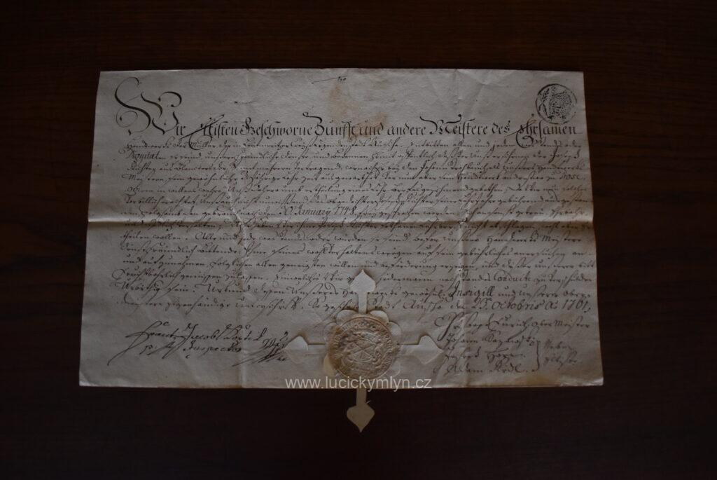 Muzejně i sběratelsky hodnotná historická listina cechu mlynářského z ...